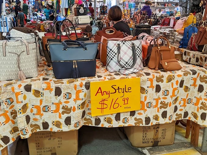 Handbag nirvana where $16.99 can transform your accessory game. The owl-patterned tablecloth adds that perfect touch of flea market charm.