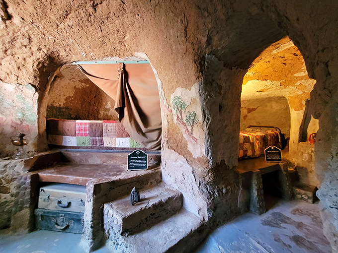 Carved sleeping quarters with built-in furniture showcase ingenious space utilization. Not your average bedroom, unless you're a particularly sophisticated hobbit.