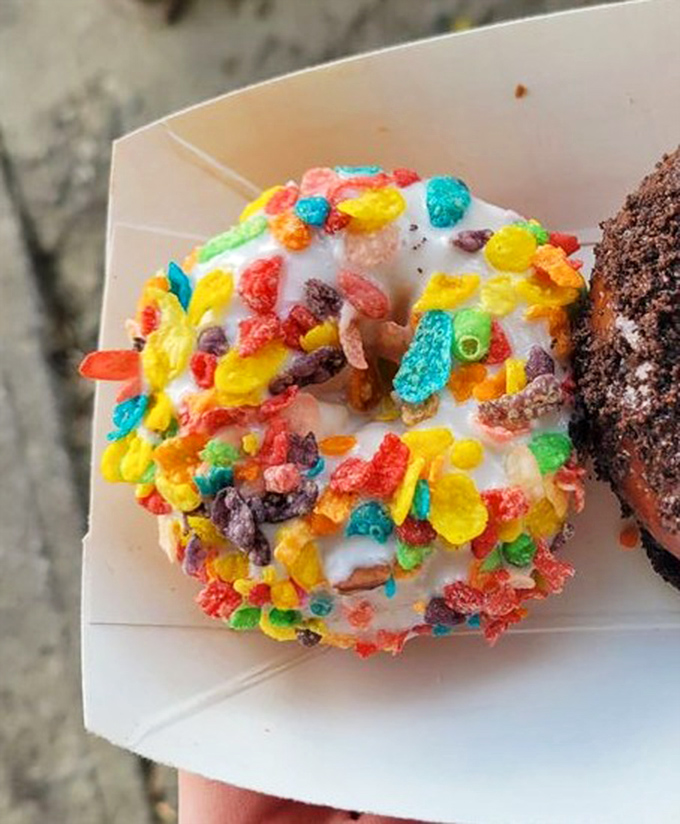 Fruity Pebbles on a donut? It's breakfast cereal meets pastry in a nostalgic flavor explosion that your inner child has been waiting for.