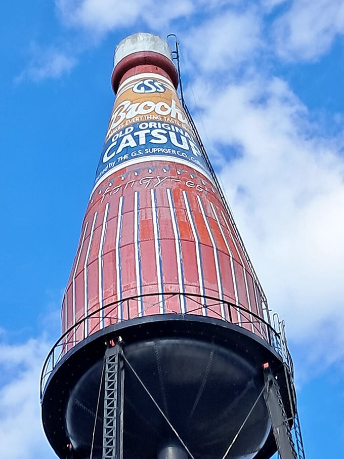 The engineering marvel rests on sturdy legs, proving that even condiments need a good foundation. Architecture with a side of whimsy. 