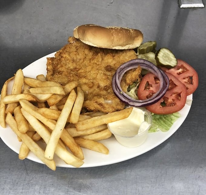A breaded tenderloin so massive it's trying to escape the plate. Indiana's unofficial state sandwich in all its crispy, oversized glory.
