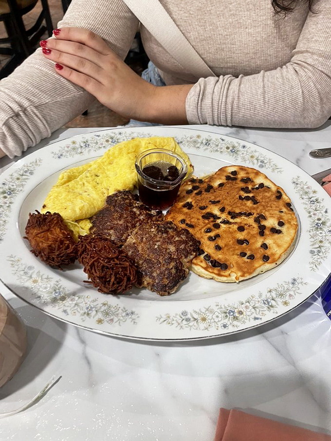 The breakfast sampler plate that answers life's eternal question: "Why choose one when you can have it all?" Complete with chocolate chip pancakes!