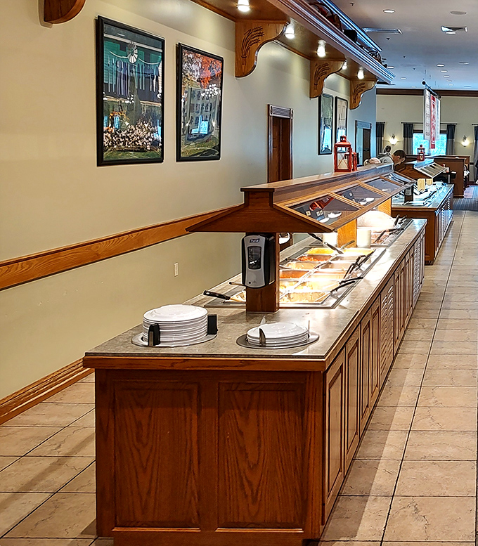 The buffet stretches like a highway of homestyle cooking, each steam tray a different destination for your taste buds.