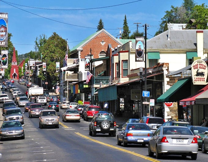Downtown Sonora on a busy day &ndash; where "rush hour" means more than three cars waiting at the town's only stoplight.