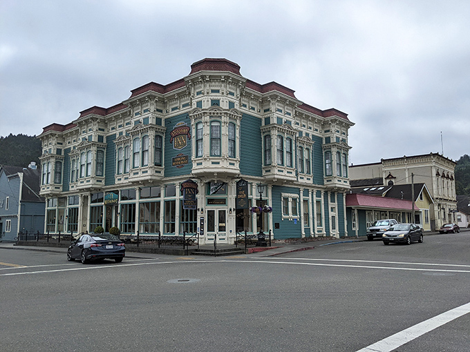 The Victorian Inn stands as Ferndale's crown jewel, a teal dream that makes you wonder if you should have been born in the 1890s after all.