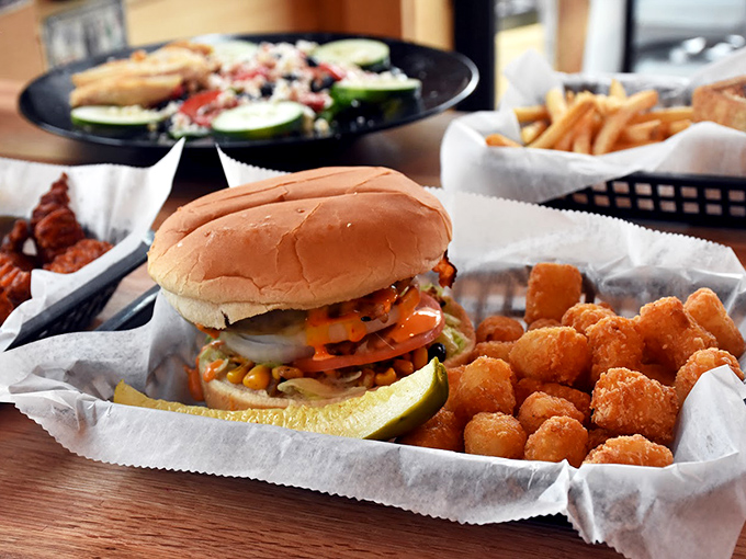 This burger sits pretty with sides that could make a food critic forget their fancy vocabulary.