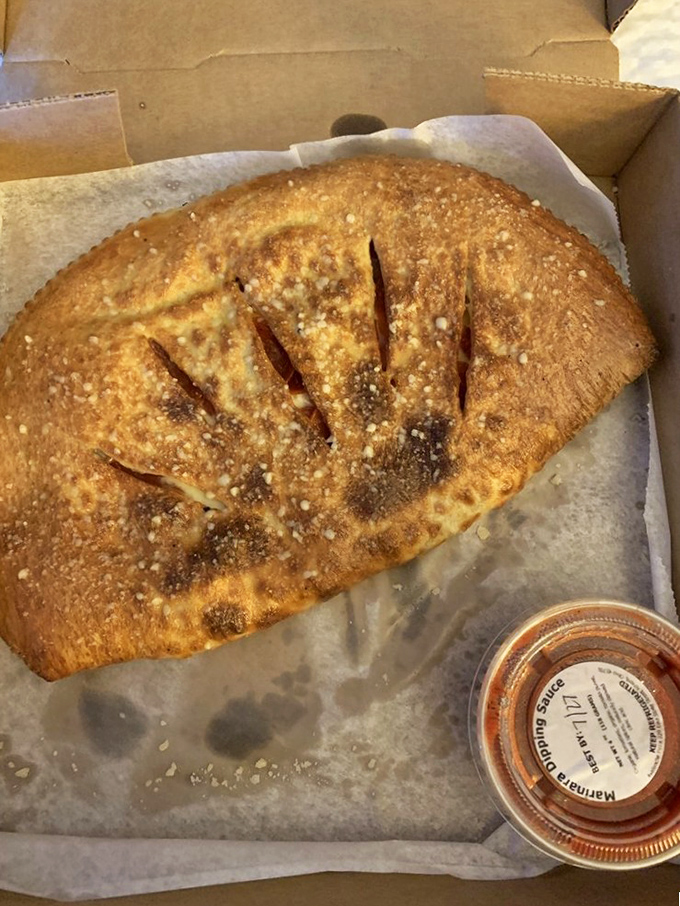 The calzone in its natural habitat &ndash; golden-brown, scored for steam release, and accompanied by marinara. A magnificent carbohydrate envelope delivering cheese-filled happiness.