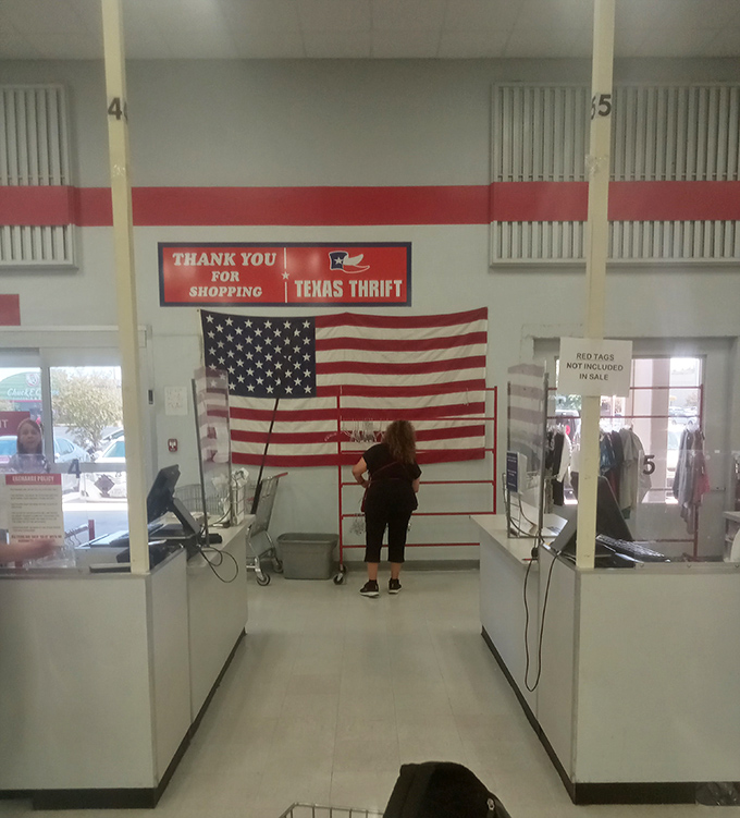 The checkout area, complete with American flag backdrop, where treasure hunters part with surprisingly small amounts of cash.