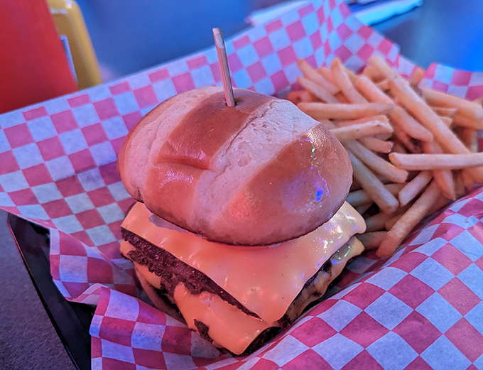 This isn't just a cheeseburger&mdash;it's architecture. The perfect stack of beef, cheese, and bun that makes fast food chains weep with inadequacy.