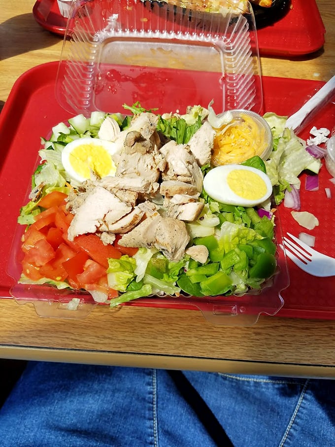 This chef salad might be the only thing on the menu that won't require loosening your belt&mdash;though that generous portion of chicken suggests otherwise.