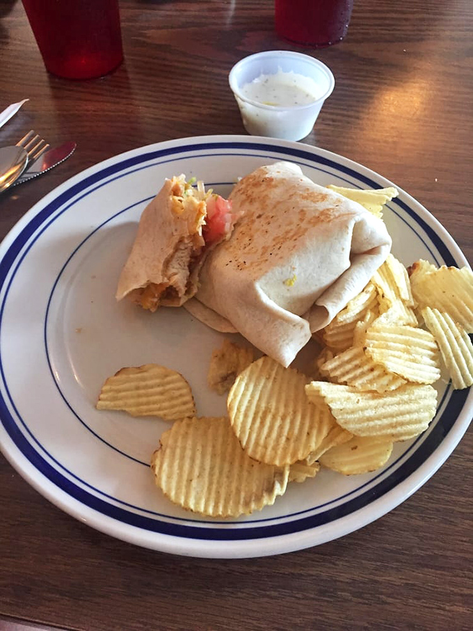 This wrap isn't just lunch&mdash;it's a perfectly engineered hand-held delivery system for flavor, with crispy chips standing guard alongside.