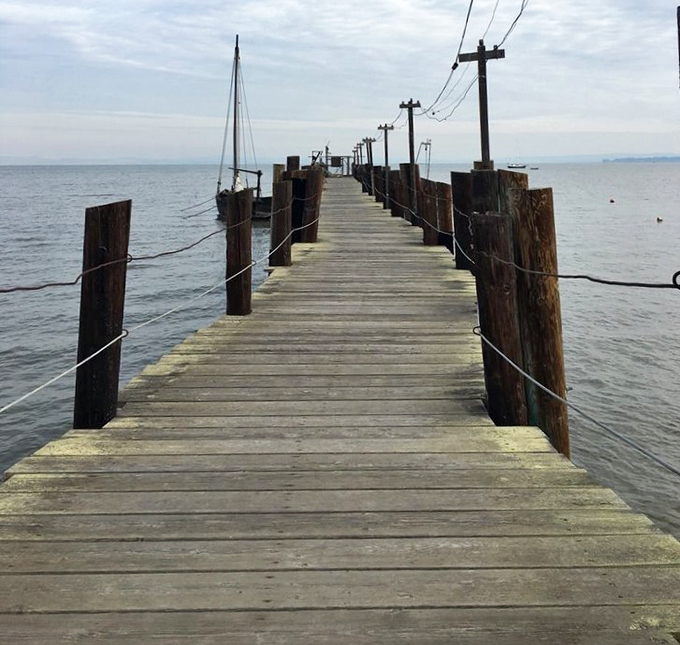 This weathered pier tells stories of fishermen past, stretching into the bay like a wooden welcome mat to adventure.