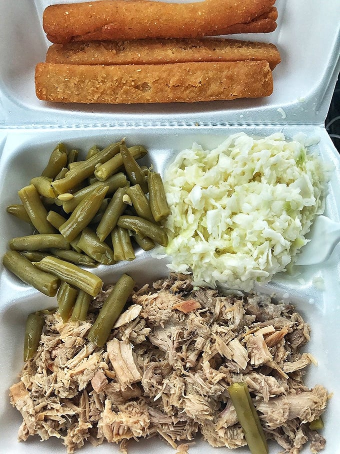 Eastern NC barbecue in its purest form: chopped pork with tender green beans and slaw that cuts through the richness like a vinegary knight.