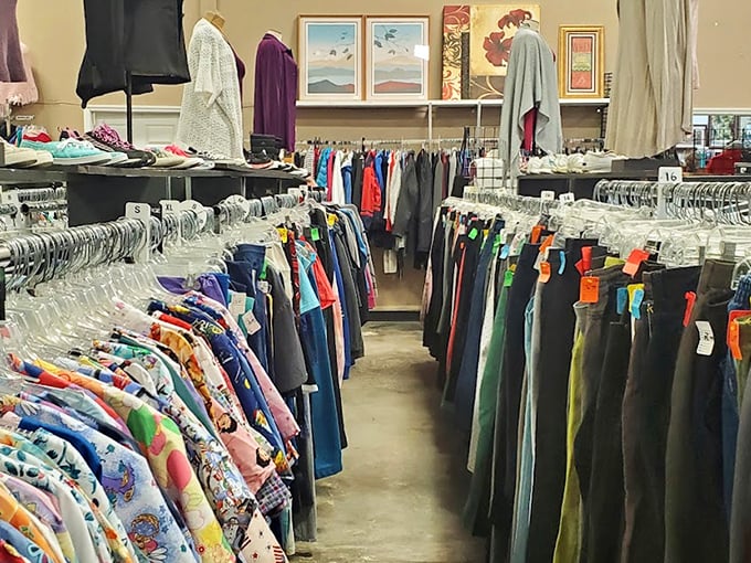 The clothing section: where fashion goes for its second act. These color-coded racks make hunting for vintage treasures as satisfying as finding the last cookie in the jar.