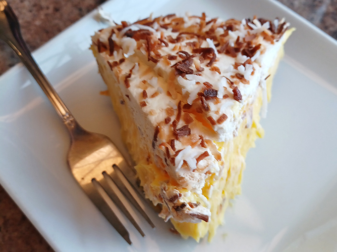 Coconut cream pie that would make your grandmother both proud and jealous. Cloud-like filling topped with toasted coconut that demands a moment of silence.