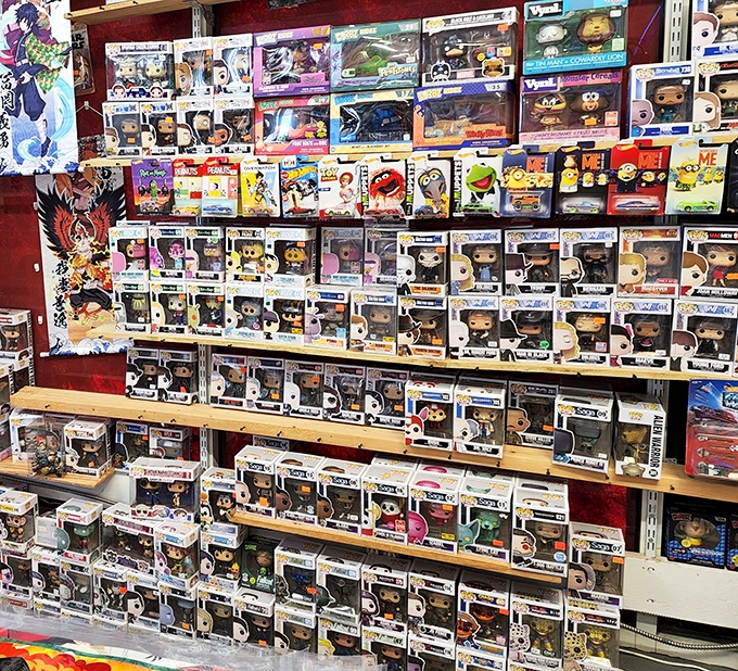 Pop culture paradise! Funko Pop figures stand at attention like tiny plastic sentinels guarding the gateway to collectible nirvana.