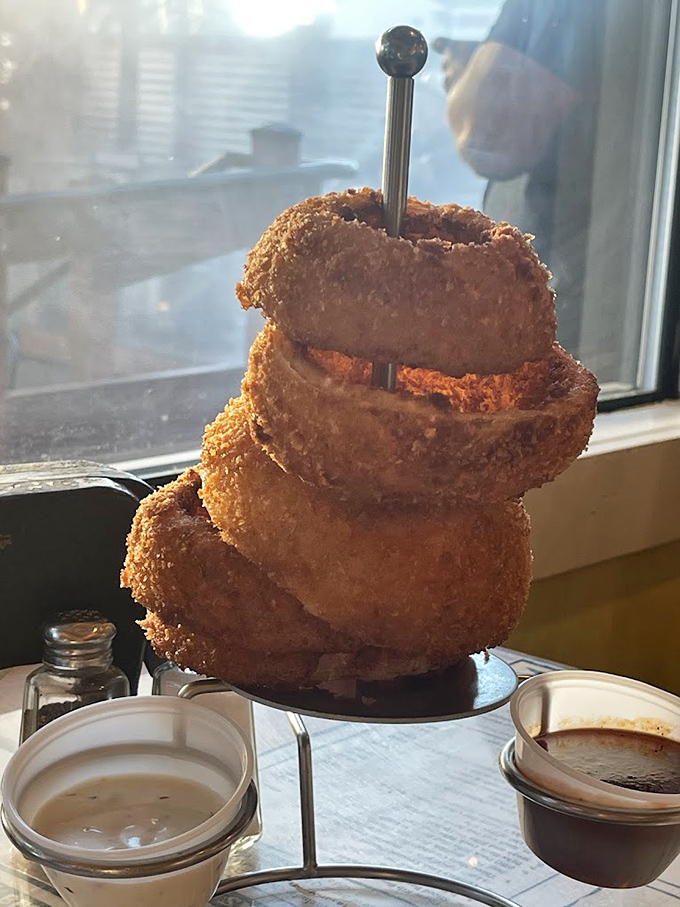 The Tower of Onion Power! These golden-brown rings aren't just a side&mdash;they're an engineering marvel with a crunch you can hear three tables away.