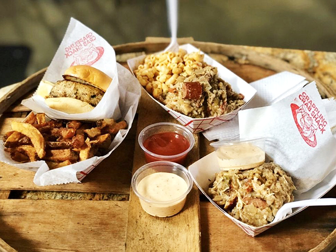 A wooden crate feast that would make Neptune himself jealous. The paper baskets say "casual," but the seafood screams "spectacular."