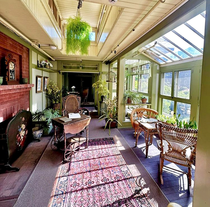 Sunlight streams through this plant-filled conservatory, creating a Victorian oasis where Sarah Winchester could escape her labyrinthine creation.