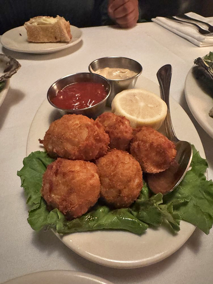 Maryland crab cakes that are almost all crab—what a concept! These golden-brown beauties make you wonder why anyone bothers with fillers.
