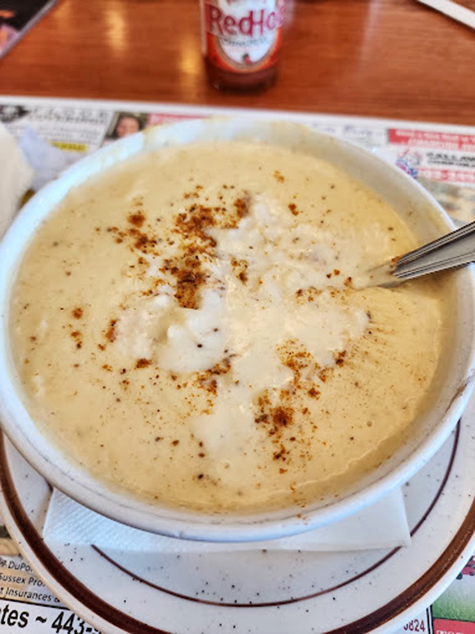 Creamy crab soup that whispers "Delaware" with every spoonful. The sprinkle of spice on top isn't just garnish&mdash;it's punctuation.