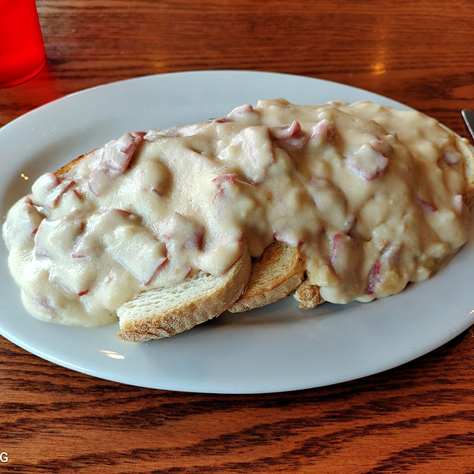Creamed chipped beef on toast&mdash;what military veterans called "SOS" with affection (or otherwise). Here, it's elevated to an art form.