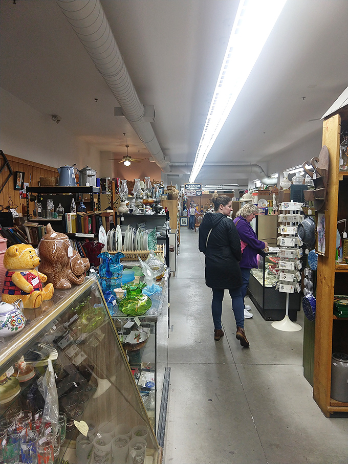 Glass cases protect delicate treasures while shoppers explore the seemingly endless aisles. Every turn reveals another decade, another collection, another memory waiting to be claimed.
