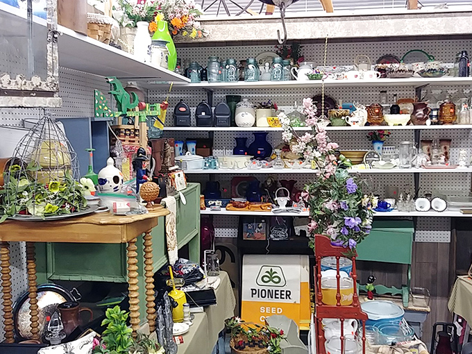 A treasure trove where your grandmother's china meets farmhouse chic. That Pioneer Seed box probably witnessed more agricultural history than most history books cover.