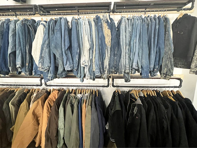Denim jackets hang like a timeline of American fashion, each one ready for its comeback story.