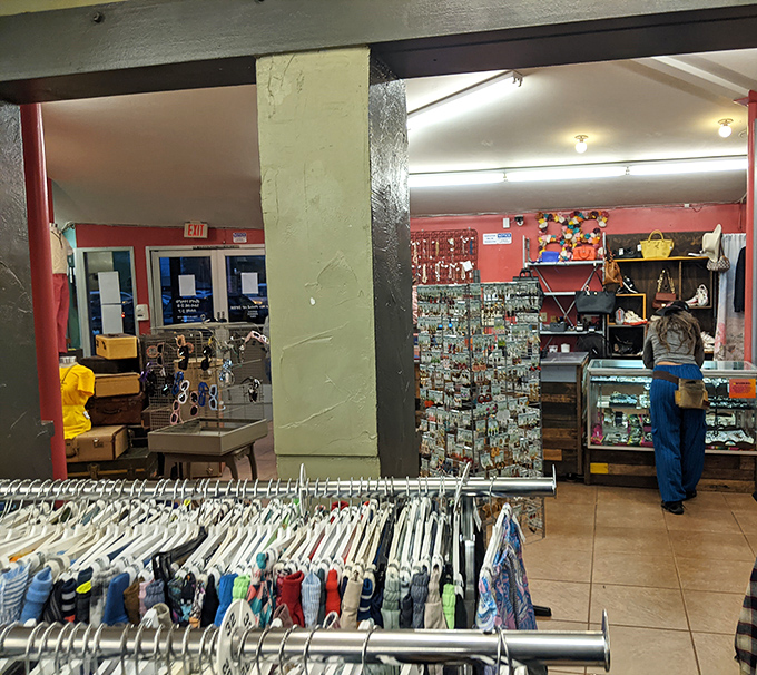 A glimpse into the accessories section reveals the clever merchandising that separates Buffalo Exchange from your grandmother's jumbled church basement sales.