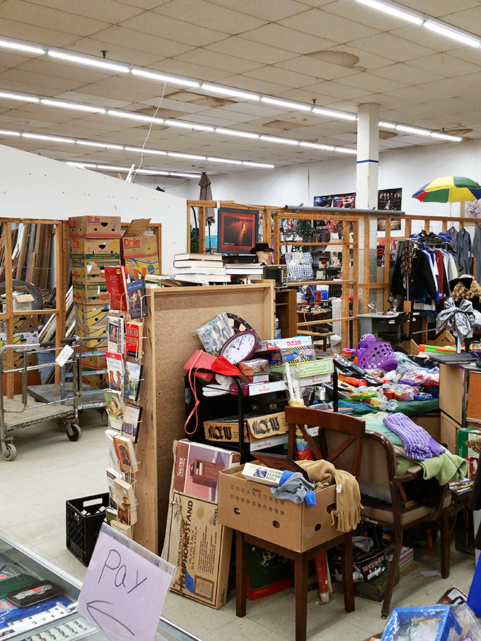 Every booth tells a different story&mdash;this one's narrative involves colorful chaos, stacked boxes, and the promise of unexpected discoveries.