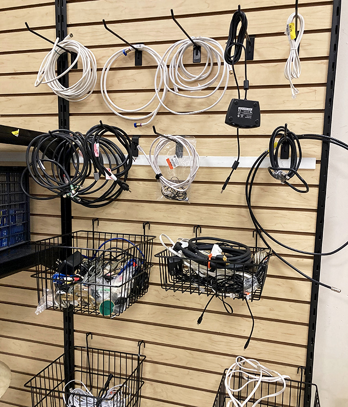 The electronic equivalent of spaghetti. Somewhere in this tangle of cables lies exactly the cord you've been searching for since 2017.