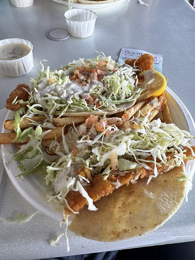 Fish tacos that tell California's culinary story in one bite: crispy fish, fresh cabbage, and a sauce that ties it all together.