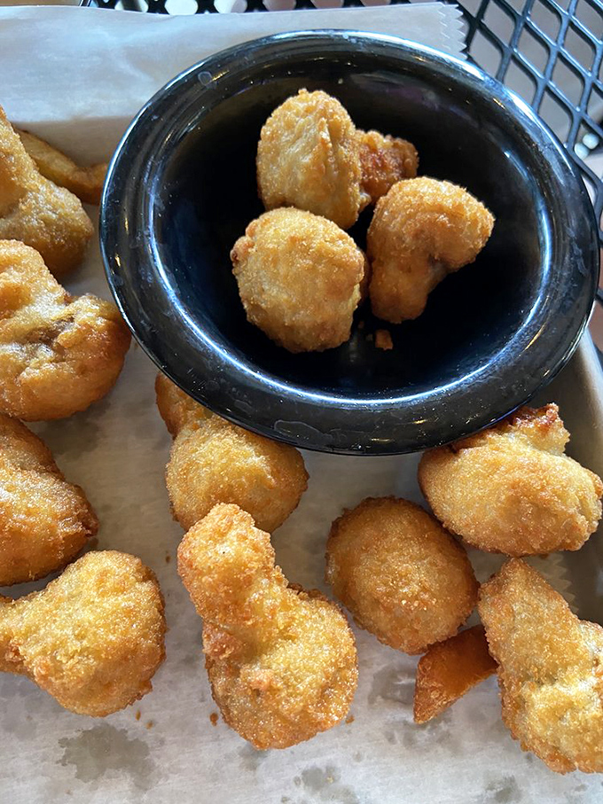 Golden-fried mushroom caps that shatter with each bite, revealing tender centers. The perfect beer companion for indecisive snackers.