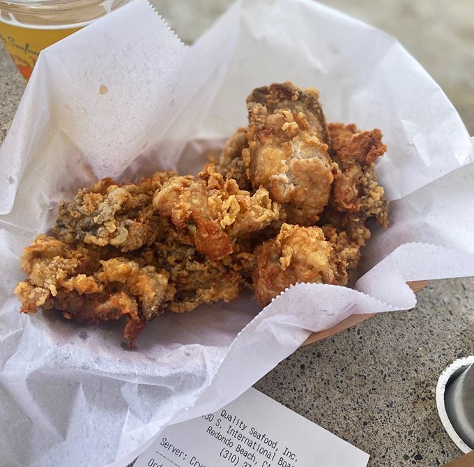 Golden-fried oysters that crunch like nature's potato chips. The ocean's treasures, transformed by hot oil and culinary magic.
