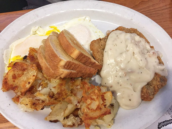 Country fried steak with gravy so good, it could negotiate world peace over a shared breakfast table.
