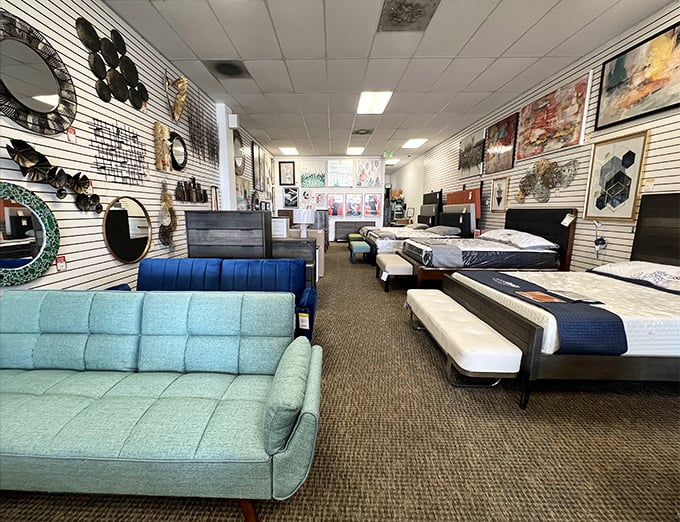 Mid-century modern dreams come true in teal upholstery. This isn't just furniture shopping&mdash;it's adopting pieces with better stories than most novels.