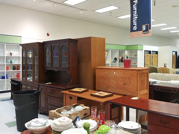 Furniture displays create living room vignettes that would make any interior designer weep with affordable envy.