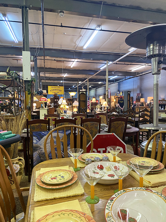 Dining sets staged with vintage glassware tell stories of family gatherings past, while waiting for new memories to be made.
