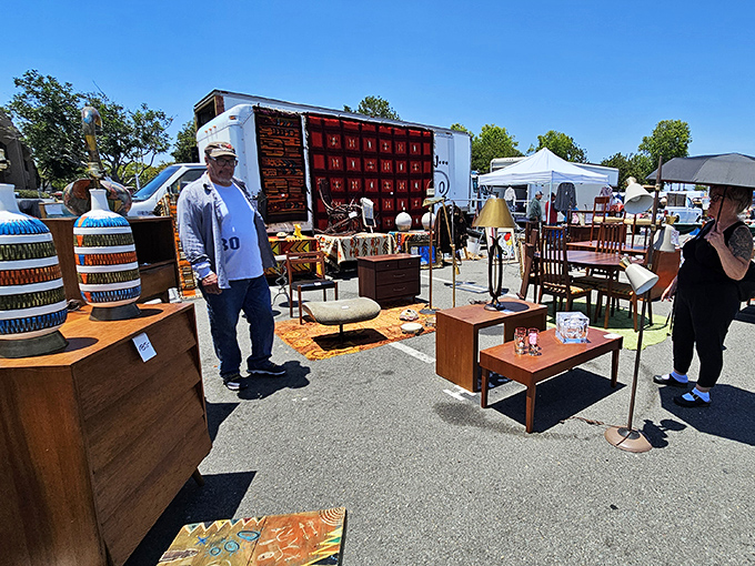 Mid-century treasures await their forever homes. That coffee table has probably hosted everything from TV dinners to heated Monopoly tournaments since the Kennedy administration.