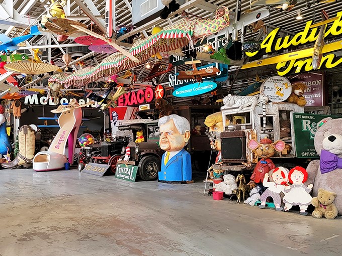 Giant shoes, presidential heads, and teddy bears create a surreal landscape. It's like walking through America's collective garage sale curated by Salvador Dal&iacute;.