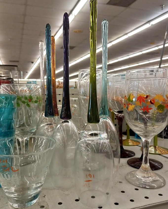 Elegant stemware and quirky vases stand at attention, like delicate soldiers ready to march into your china cabinet for a fraction of retail price.