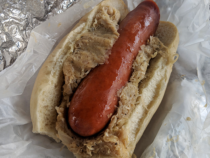Not just any hot dog&mdash;this kielbasa on a bun with sauerkraut is what Oscar Mayer wishes he could make. Pure Polish-American harmony in handheld form.