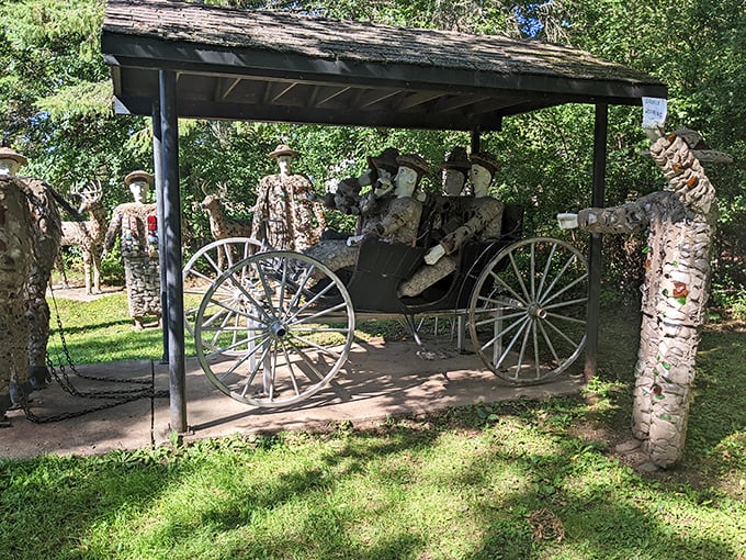 Sunday drivers frozen in time—this horse-drawn carriage hasn't moved an inch in decades, yet somehow still has places to go.