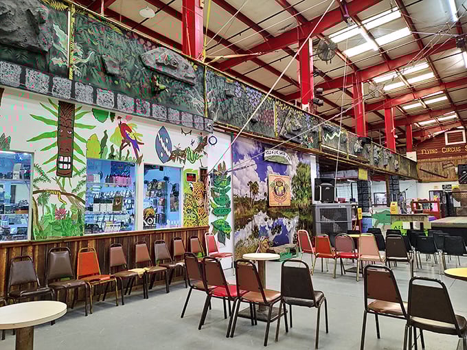 Whimsical murals transform this dining area into an unexpected oasis. Who knew lunch at a flea market could come with such colorful ambiance?