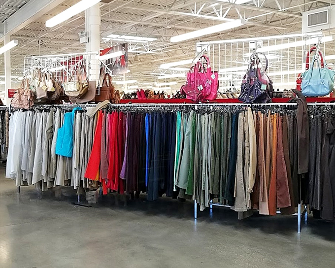 Color-coded clothing racks make the hunt more civilized. Unlike my refrigerator at home, everything here has its proper place.