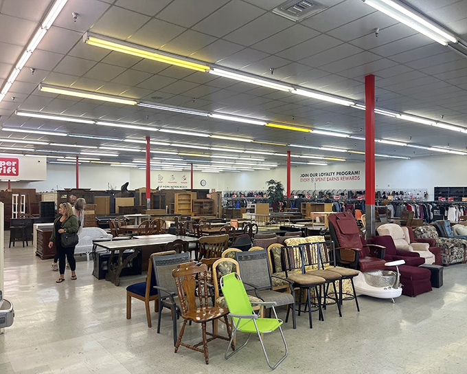 Office chairs mingle with dining sets in this furniture melting pot. Like speed dating for home decor, you never know what perfect match awaits.