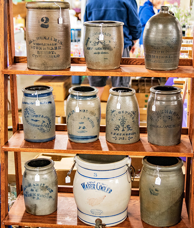 Stoneware crocks with blue decorations&mdash;each one a functional piece of American history. Grandma would approve of these sturdy survivors.