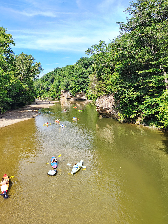 Kayaking beneath towering cliffs&mdash;like threading a needle through Indiana's geological history. The water taxi service leaves something to be desired, though.