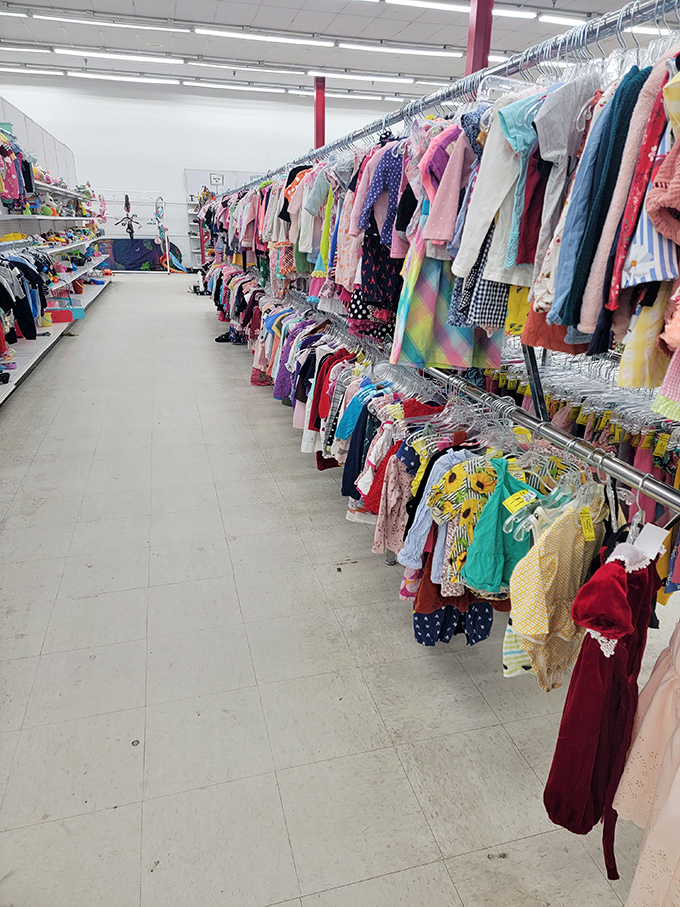 The children's clothing section could outfit a small army of fashionable tots. Growing kids and shrinking budgets have finally found their happy place.